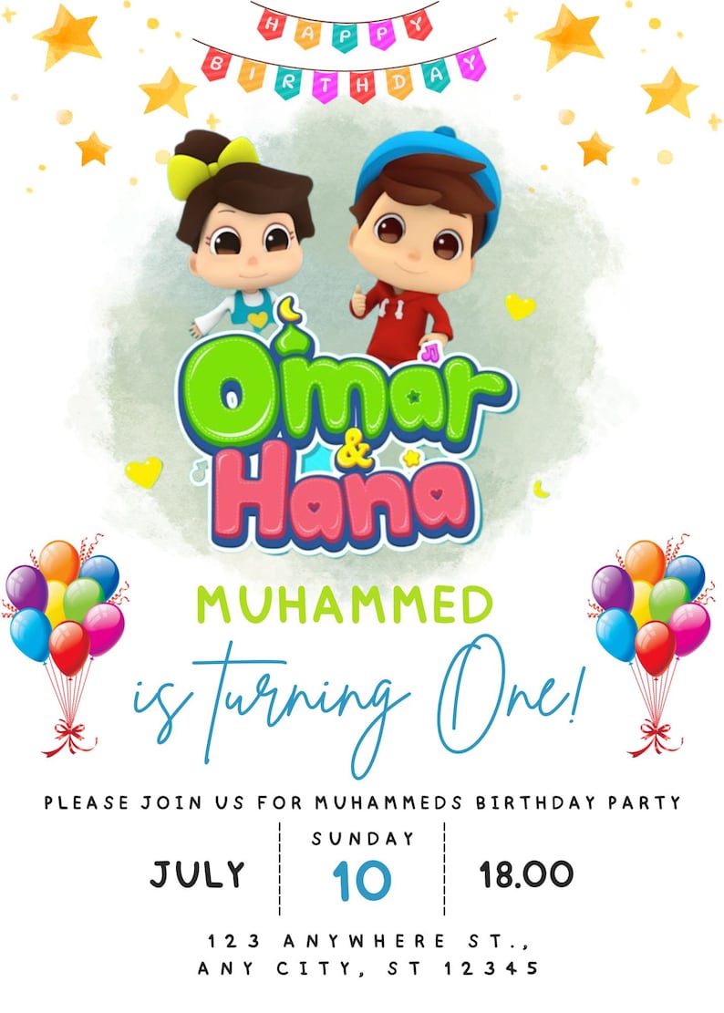 Editable Omar and Hana Birthday Invitation, Digital Kids Birthday ...