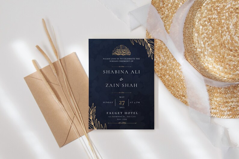 Digital Muslim Wedding Invitation Template, Gold Floral Nikah Invite ...