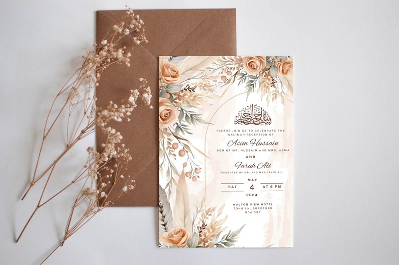 Digital Muslim Wedding Invitation Template, Beige Rose Floral Nikah ...