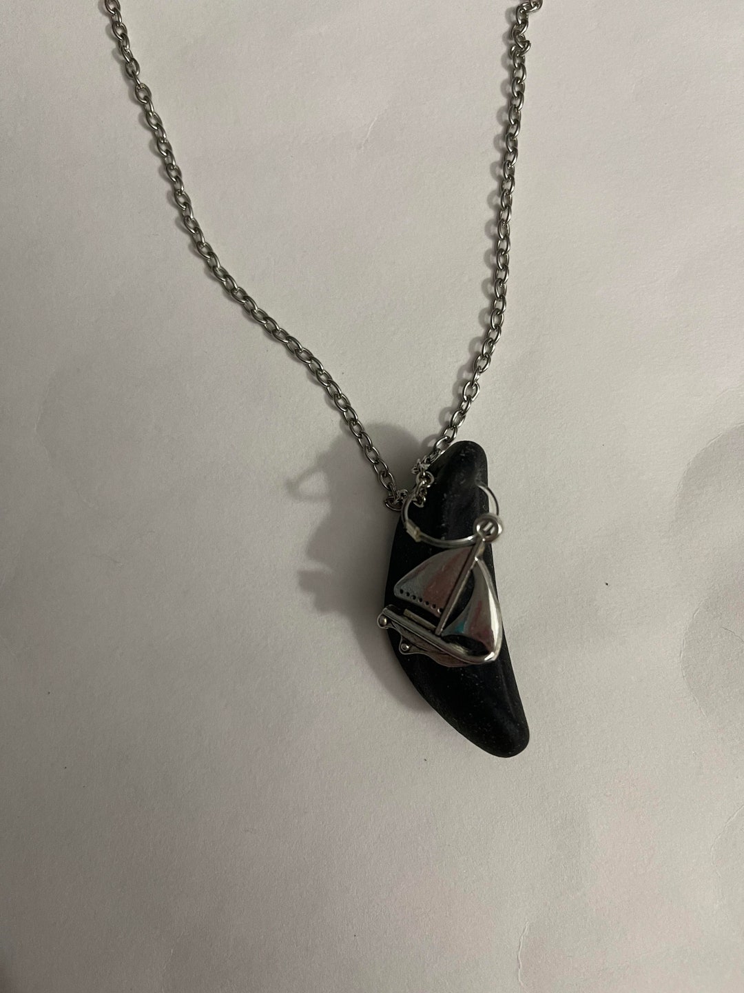 Black Sea Glass (pirate Glass) Necklace With Sailboat Charm - Etsy