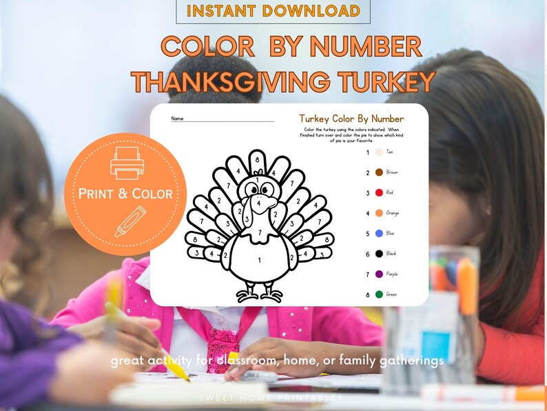 Turkey Color by Number Turkey Worksheet Thanksgiving Activity Kids ...