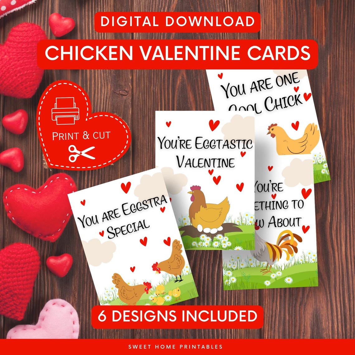 Chicken Valentine’s Day Card Printables for Kids Classroom or Coworker ...