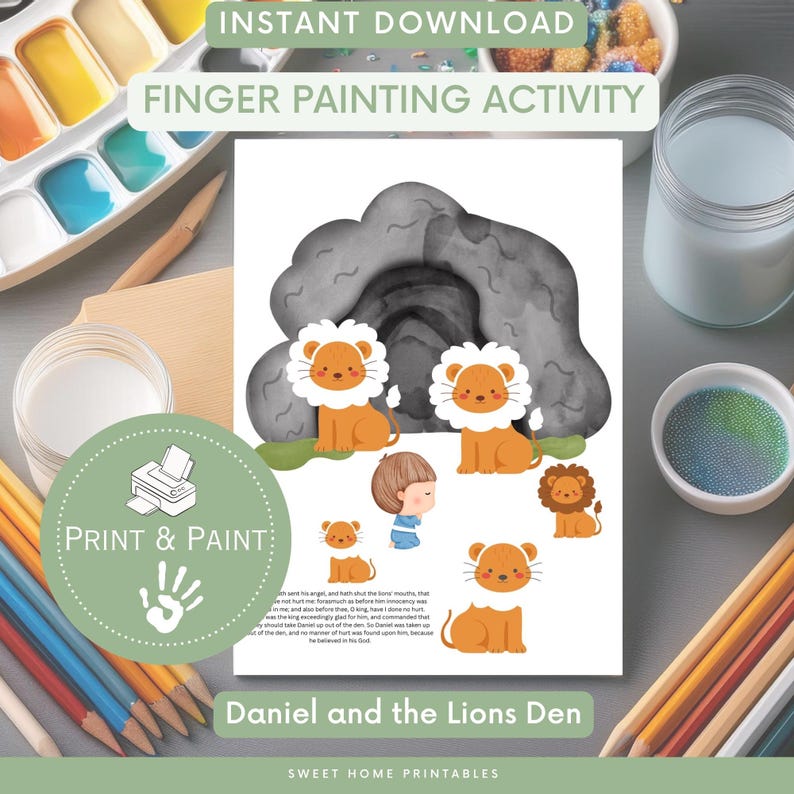Daniel and the Lions Den Fingerprint Painting Printable: Christian Kids ...