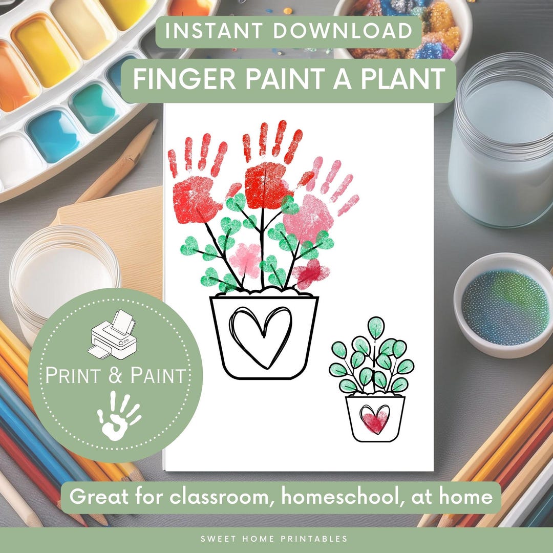 Plant Finger & Hand Painting Printable Valentines Day, Earth Day Flower ...