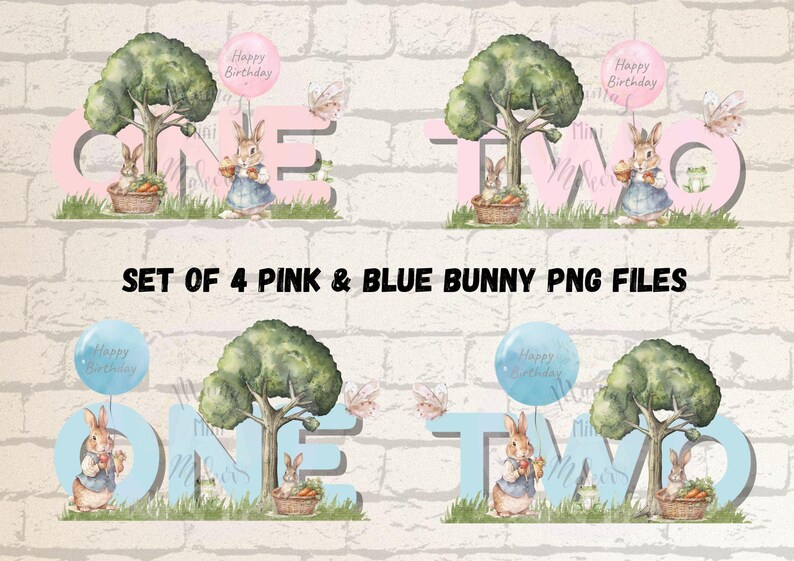 4x Happy Birthday Bunny PNG, Birthday, Ages 1 & 2, Baby's 1st Birthday ...