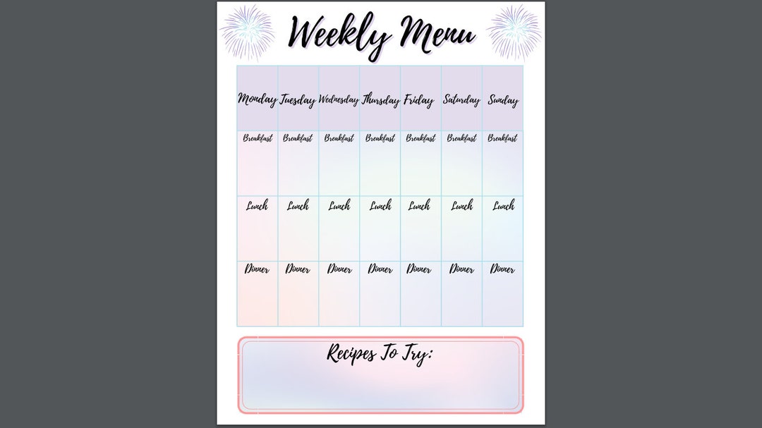 Neon Weekly Menu - Etsy