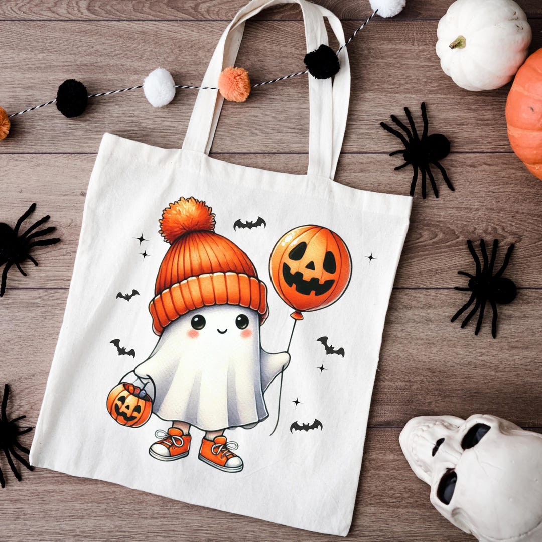 Cute Ghost Tote Bag, Trick or Treat Bag, Candy Bag, Ghost With Balloon ...