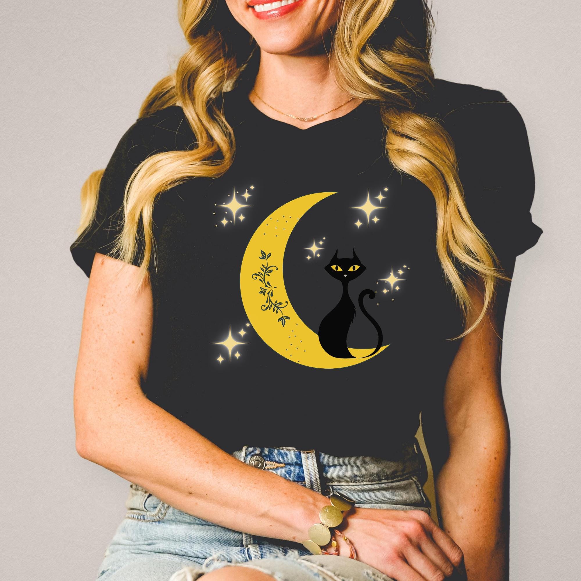 Magickal Black Cat Shirt, Mystical Moon Tee, Celestial Graphics T-shirt ...
