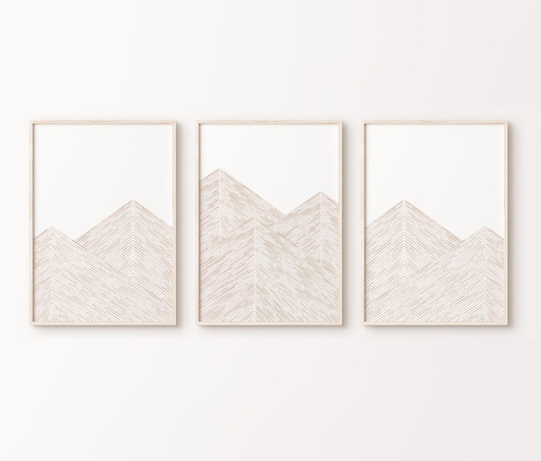 Beige Abstract Mountain Line Art Set of 3, Scandinavian Mountain Wall ...