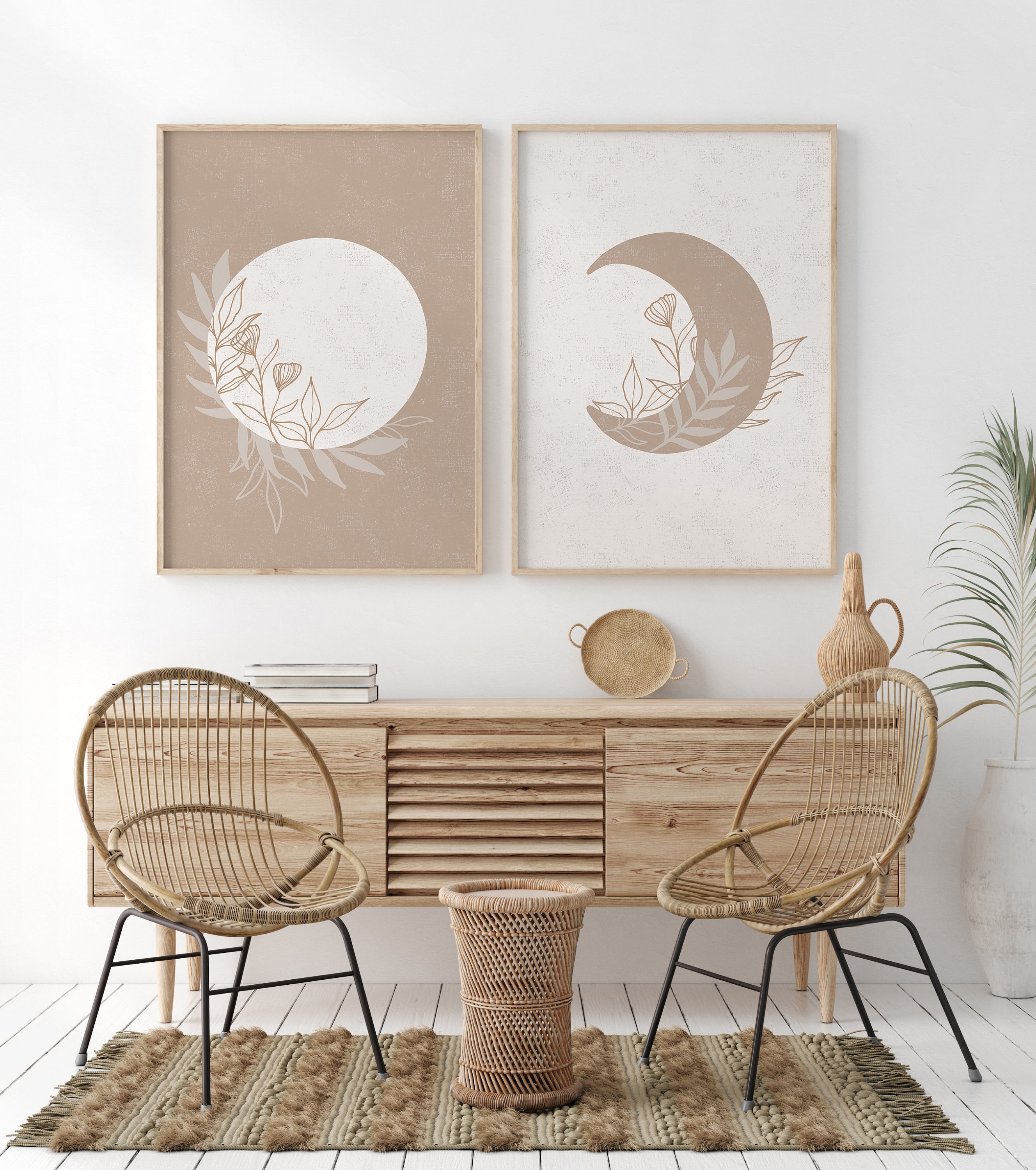 Sun and Moon Print Set Neutral, Flower Moon Print, Flower Sun Print ...