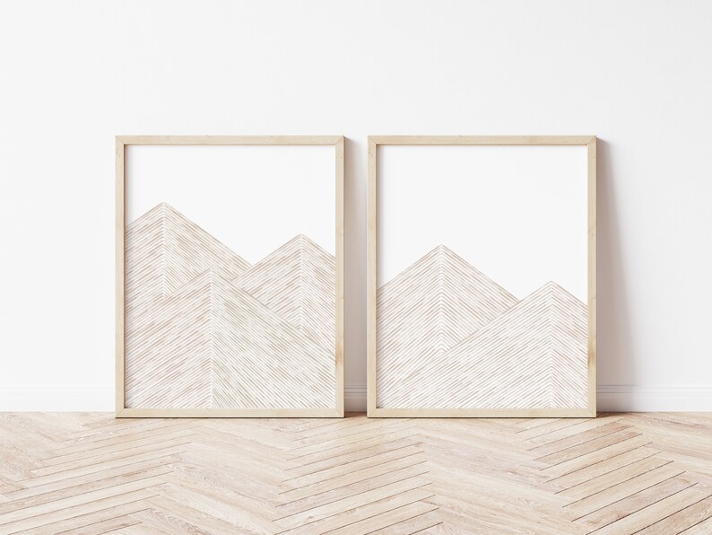 Beige Abstract Mountain Line Art Set of 2 Scandinavian - Etsy