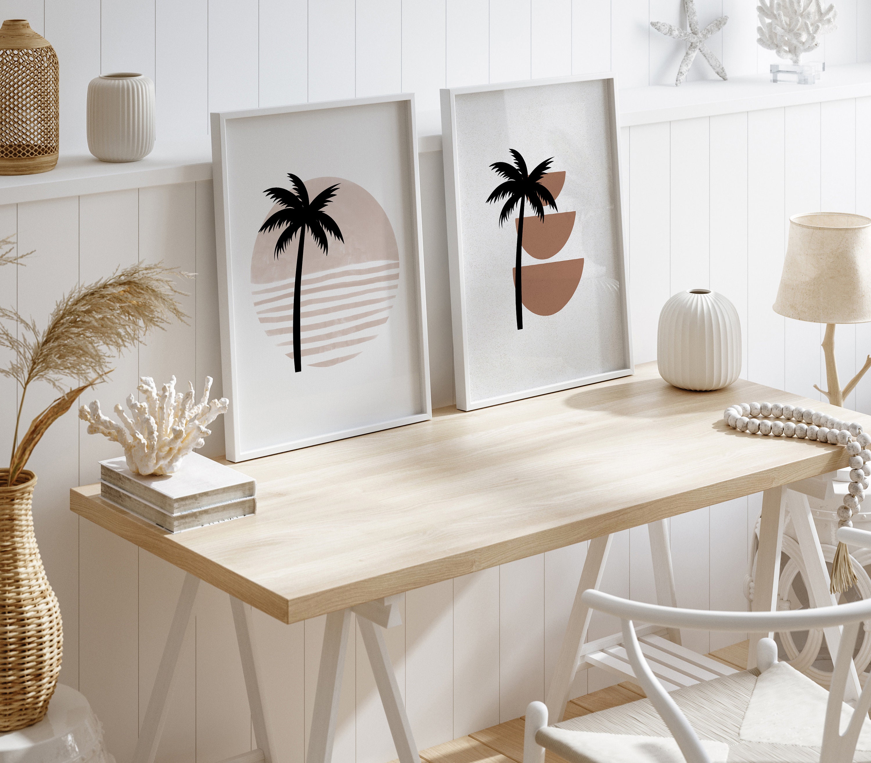 Boho Beach Palm Tree Prints, Boho Abstract Sun Print, Beach Bungalow ...