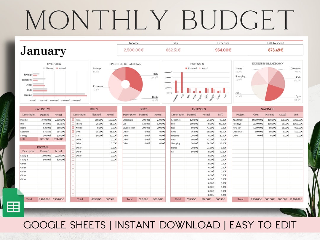 MONTHLY BUDGET SPREADSHEET Pink financial Planner Google - Etsy