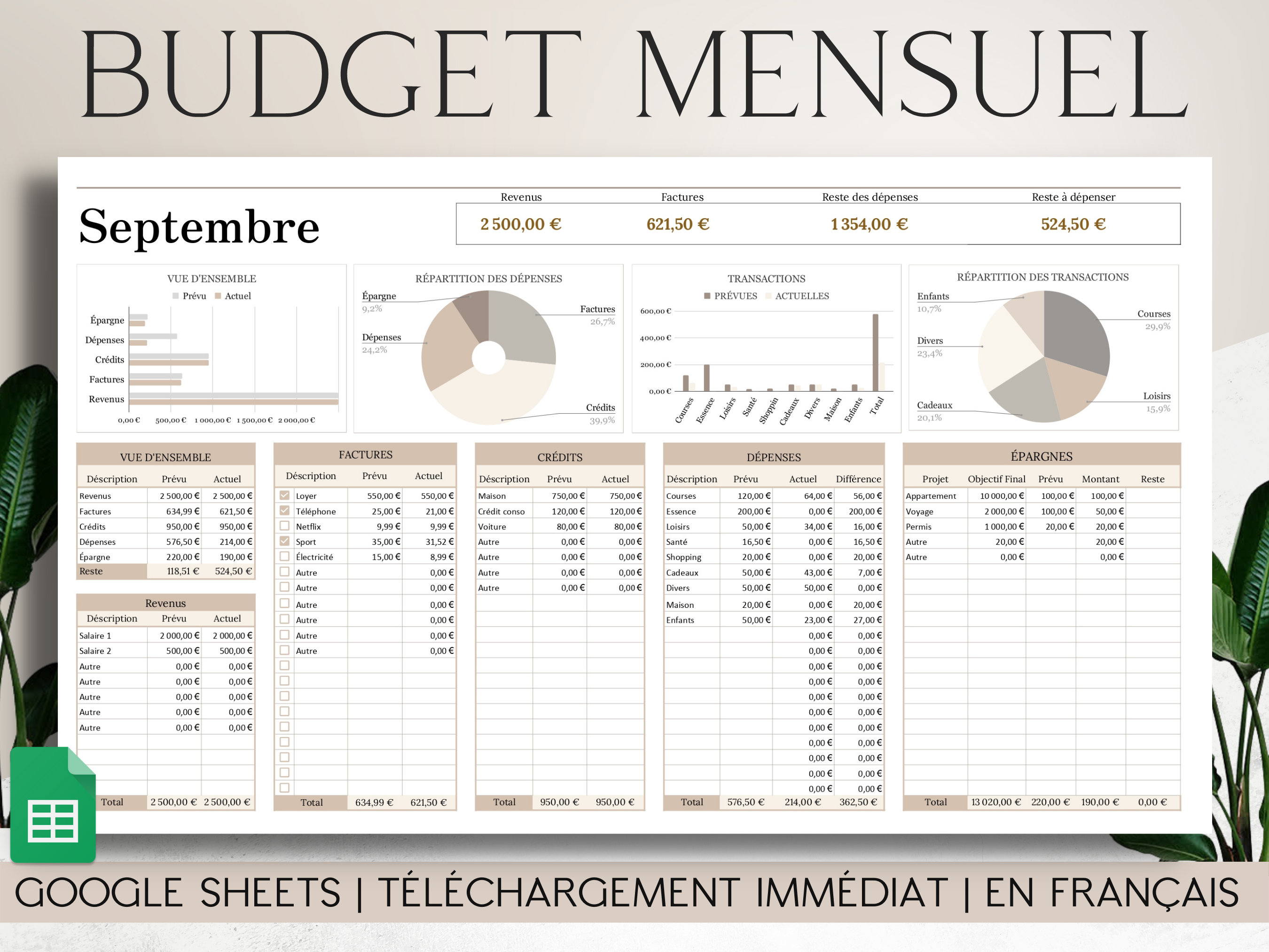 PLANNER BUDGET MENSUEL en Français/Beige | Google Sheets | Planner ...