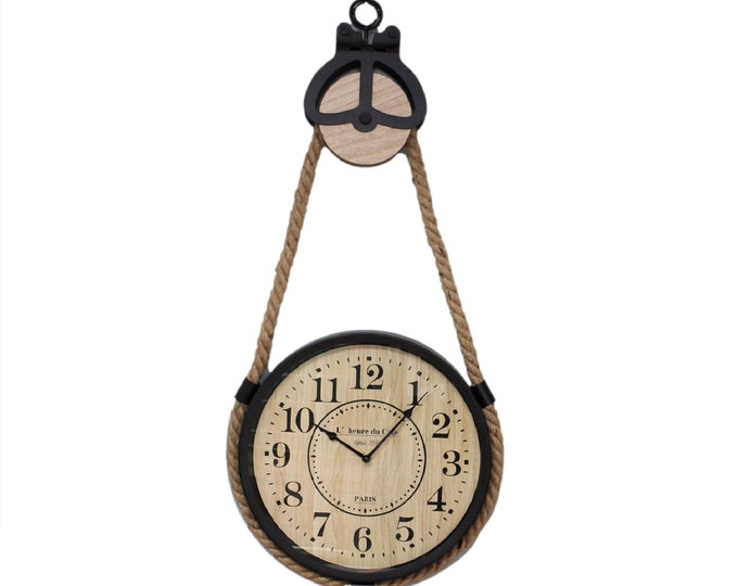 33cm Hanging Wall Clock Industrial Pulley & Rope Factory Rustic Style ...