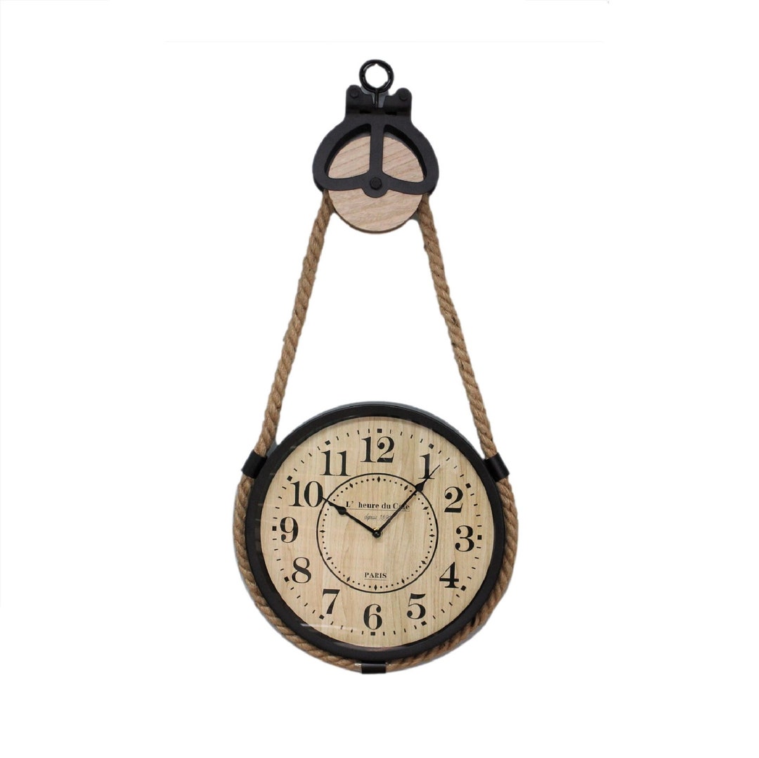 33cm Hanging Wall Clock Industrial Pulley & Rope Factory Rustic Style ...