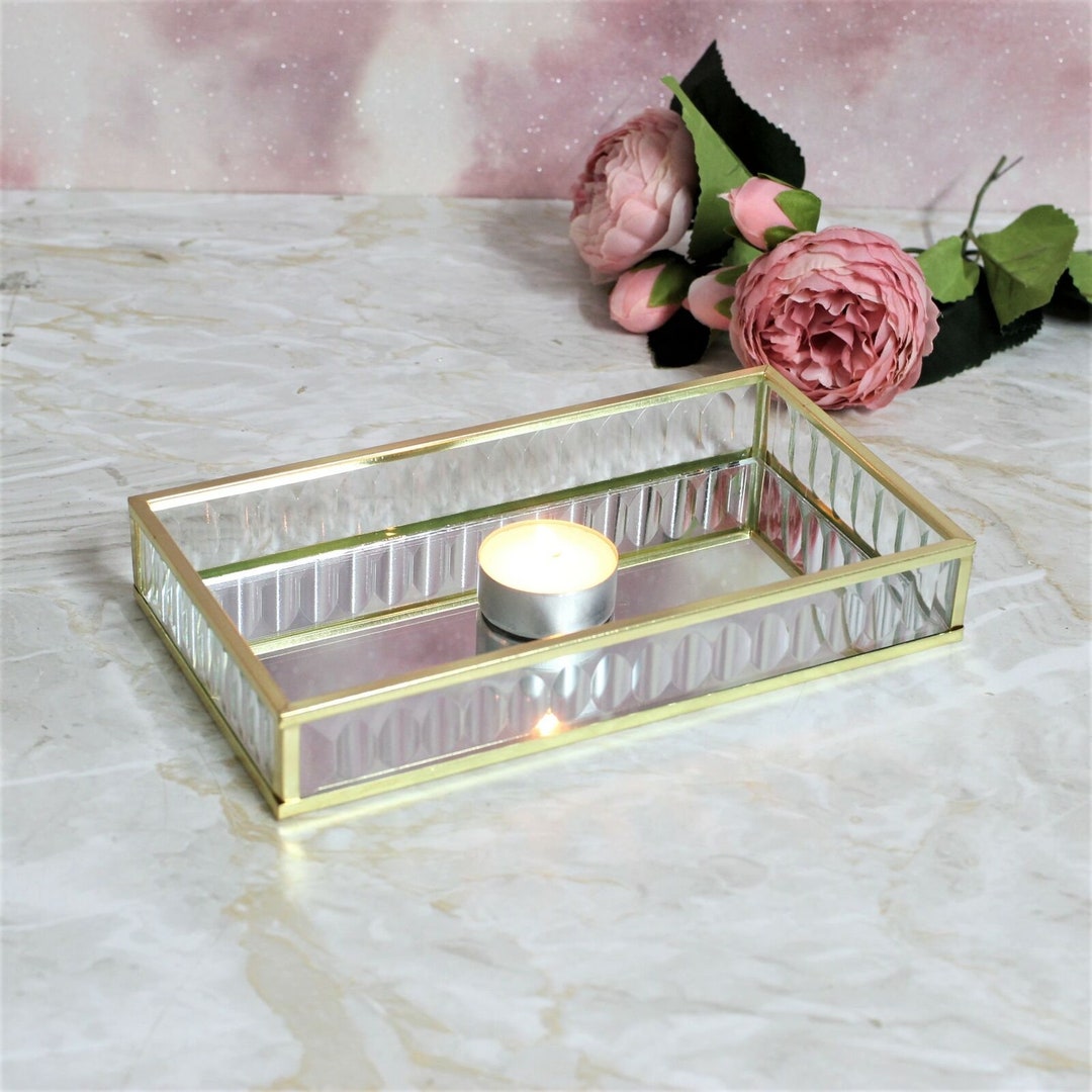 Small Rectangle Mirrored Tray Gold Color Crystal Rim Dressing - Etsy