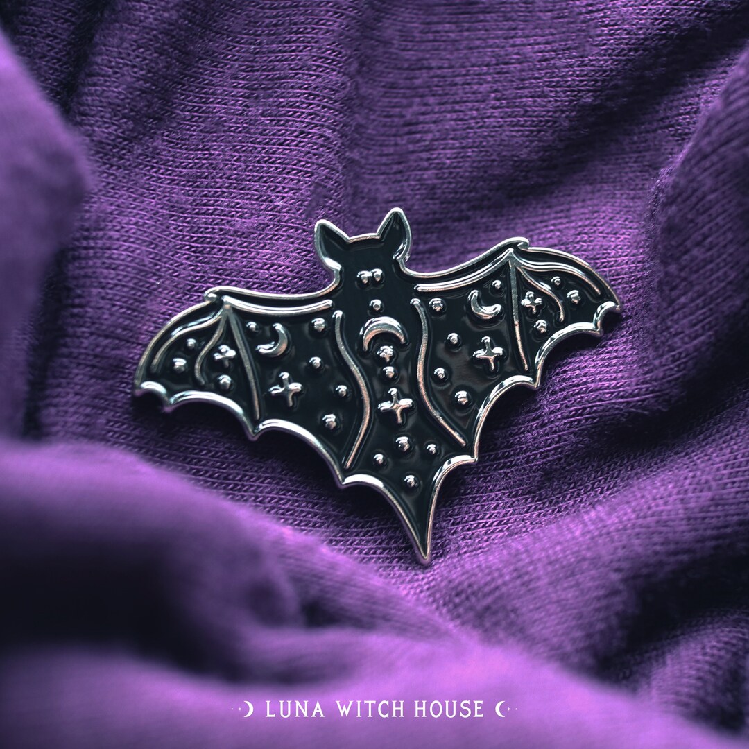 Starry Night Bat Enamel Pin – Gothic Witchy Lapel Pin, Moon & Stars ...