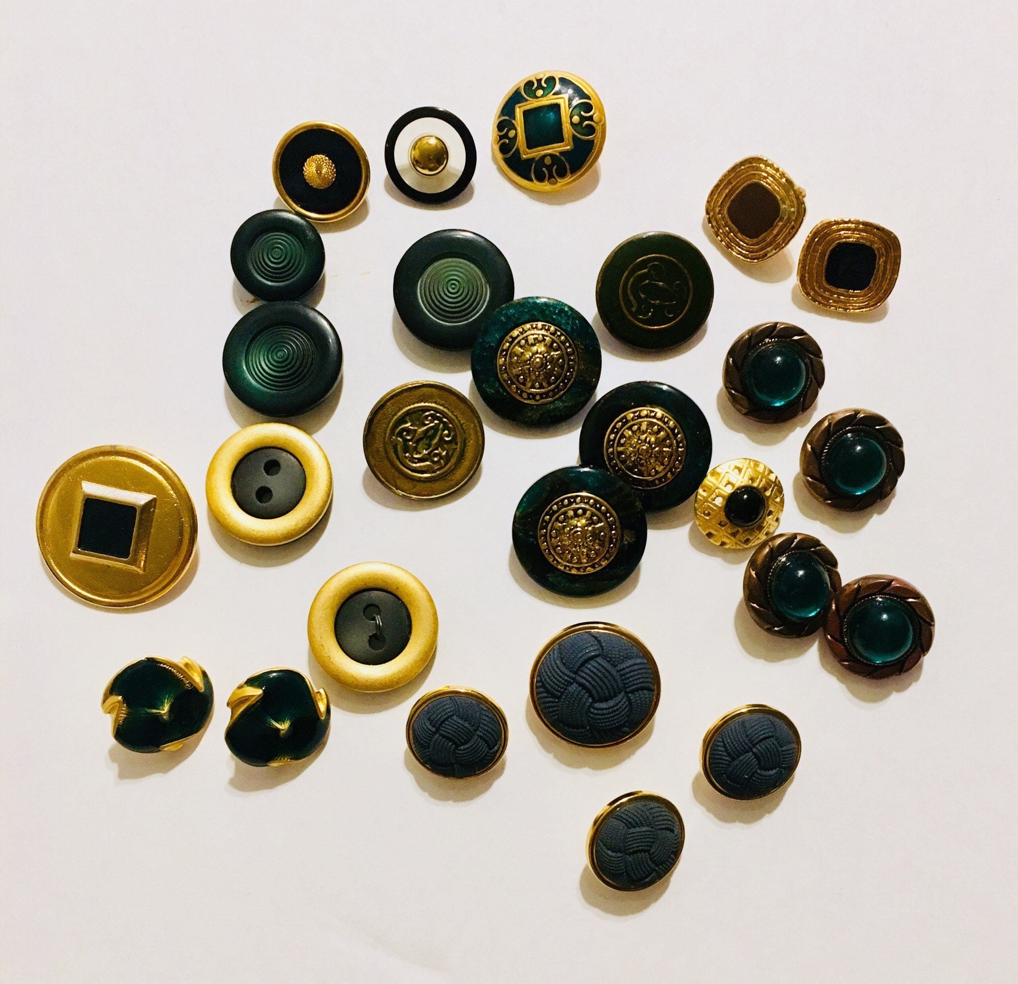 28 Vintage Gold and Green Buttons, Assorted Round Buttons, Sewing ...