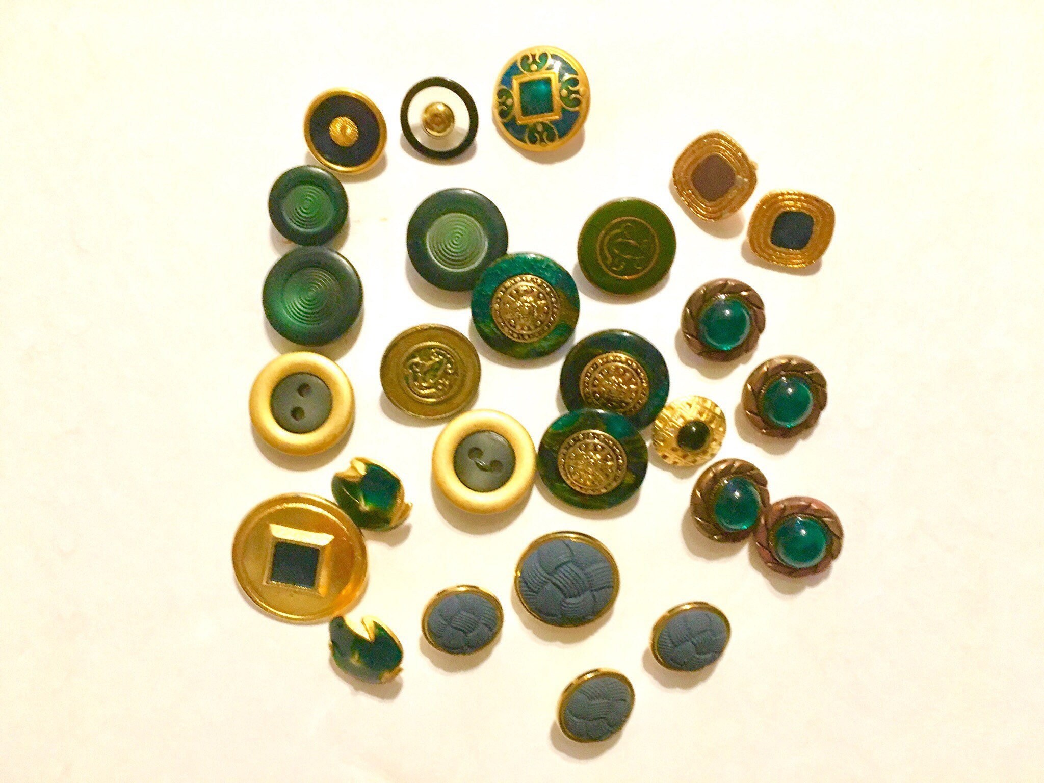 28 Vintage Gold and Green Buttons, Assorted Round Buttons, Sewing ...