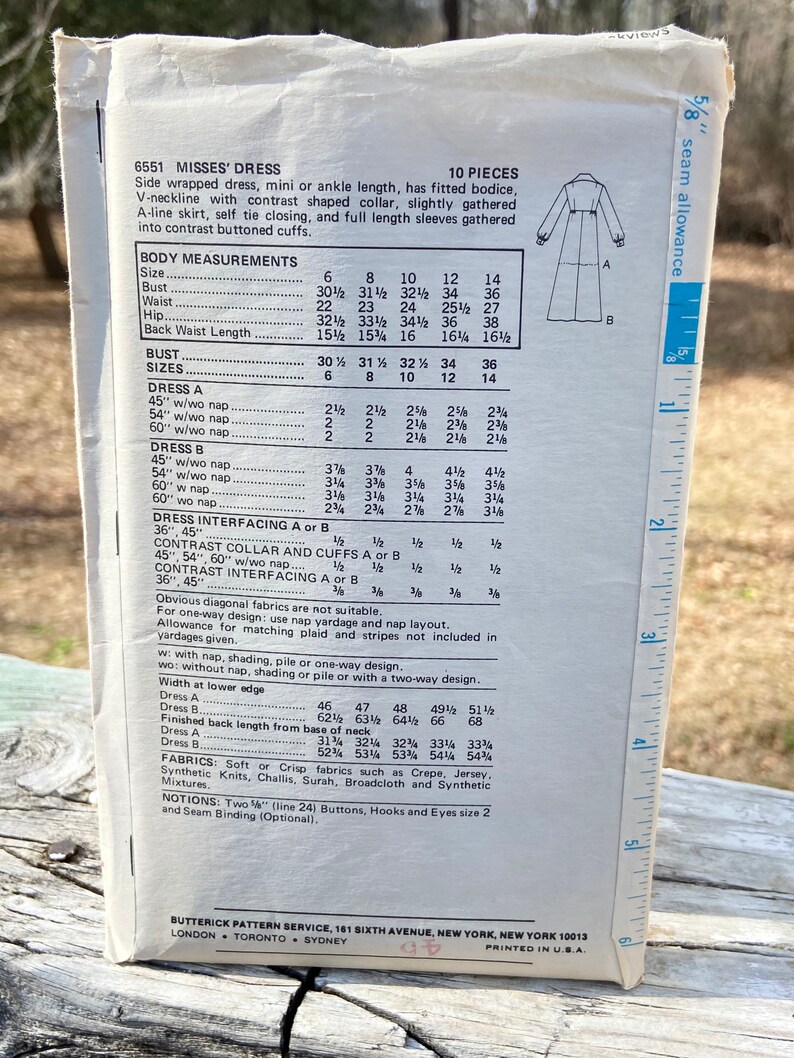 1970's Butterick Sewing Pattern 6551 Size 12 Misses' Bust 34 Side ...