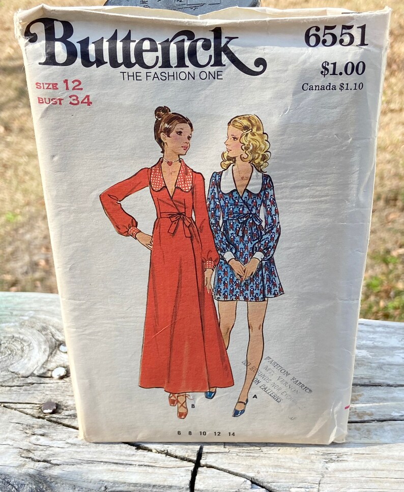 1970's Butterick Sewing Pattern 6551 Size 12 Misses' Bust 34 Side ...
