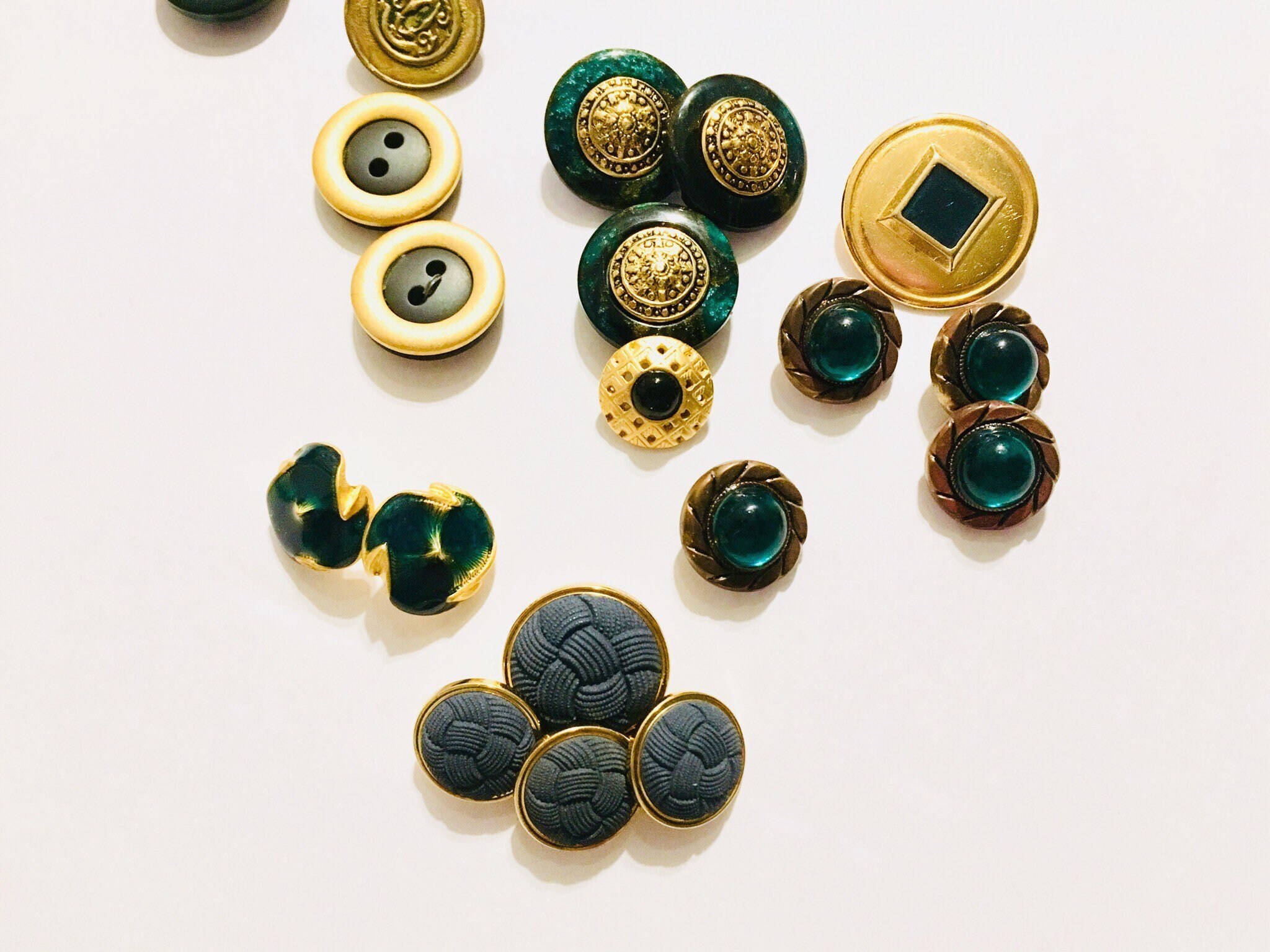28 Vintage Gold and Green Buttons, Assorted Round Buttons, Sewing ...
