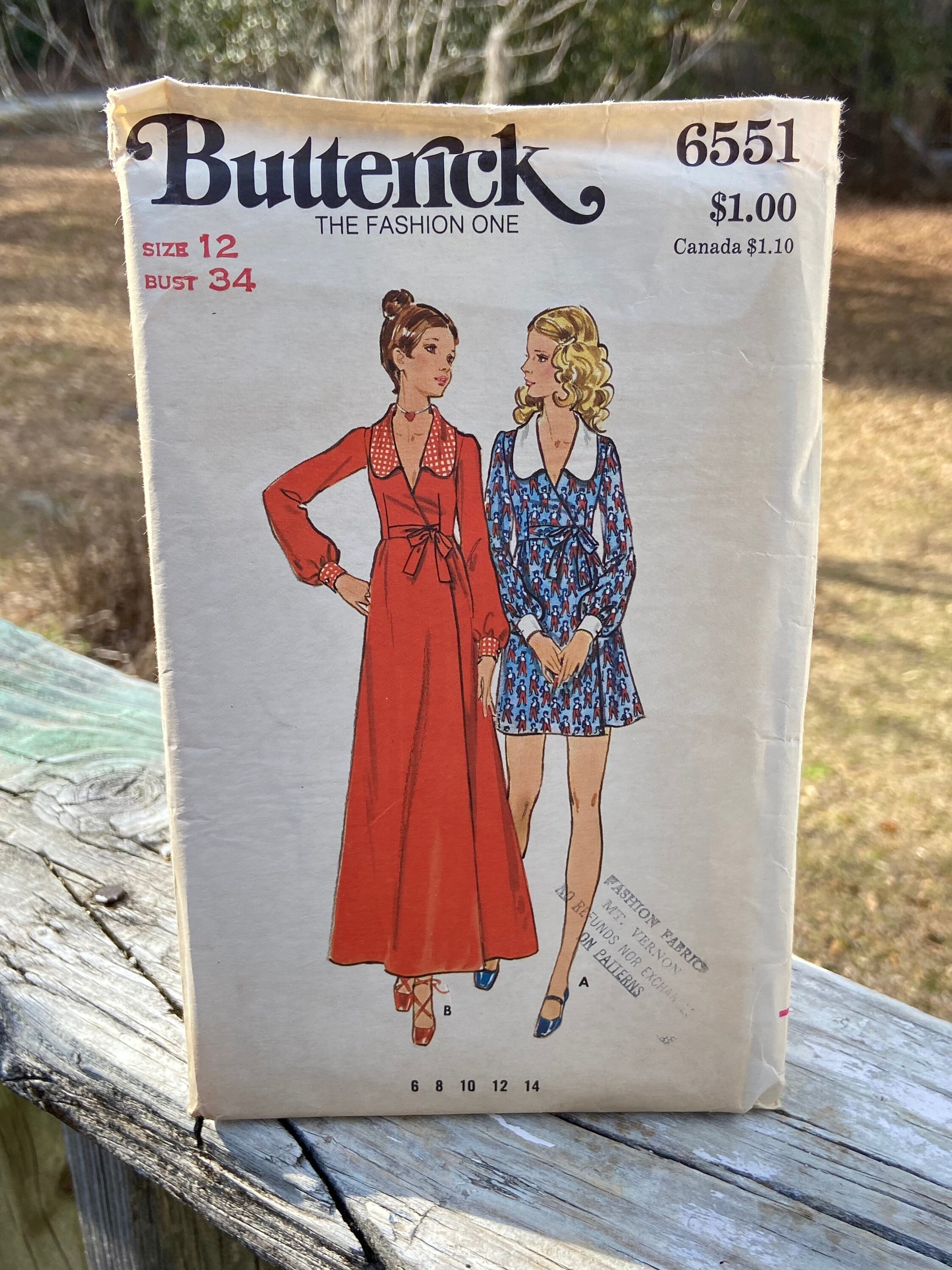 1970's Butterick Sewing Pattern 6551 Size 12 Misses' Bust 34 Side ...