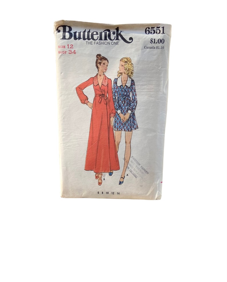 1970's Butterick Sewing Pattern 6551 Size 12 Misses' Bust 34 Side ...