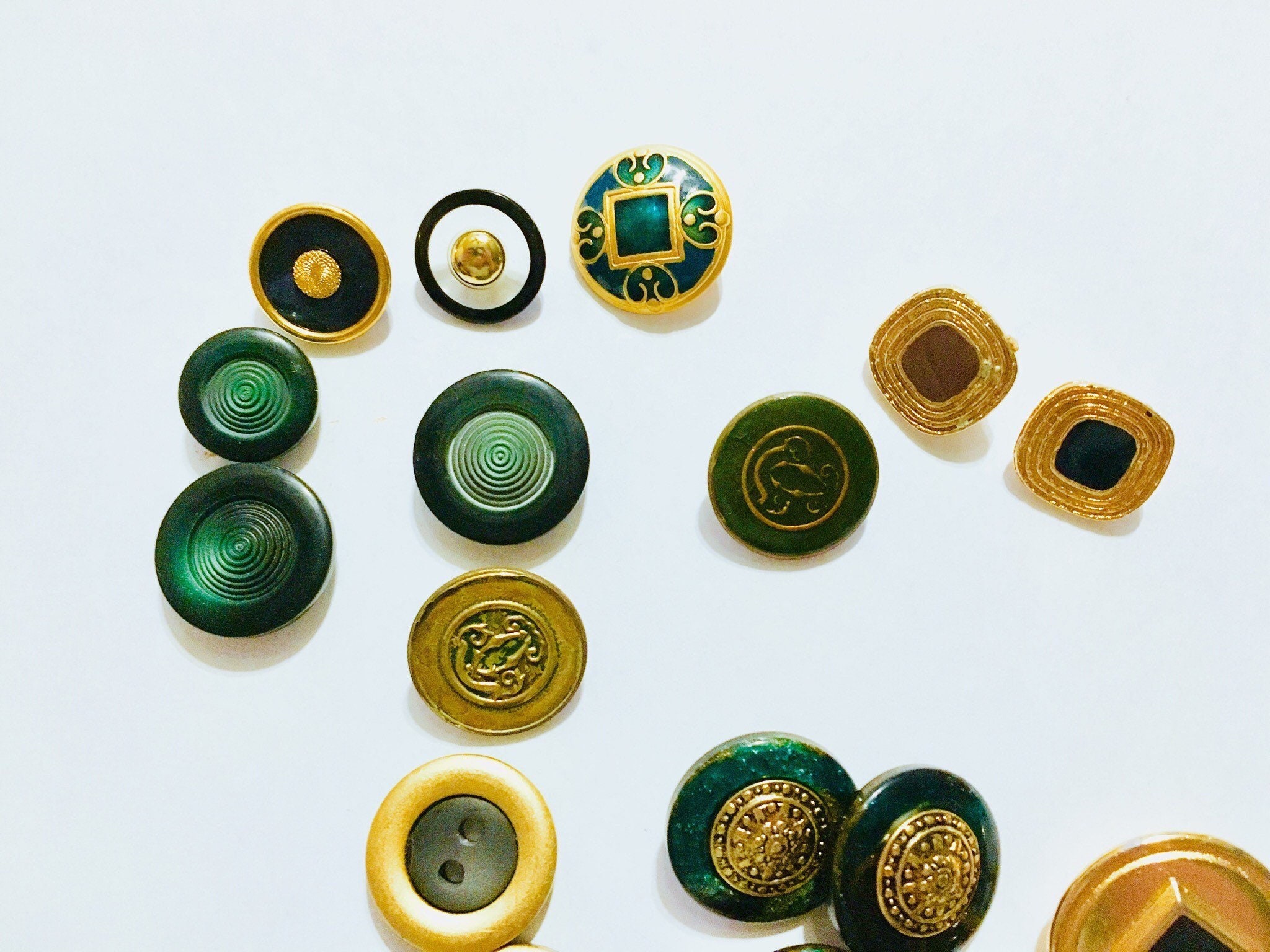 28 Vintage Gold and Green Buttons, Assorted Round Buttons, Sewing ...