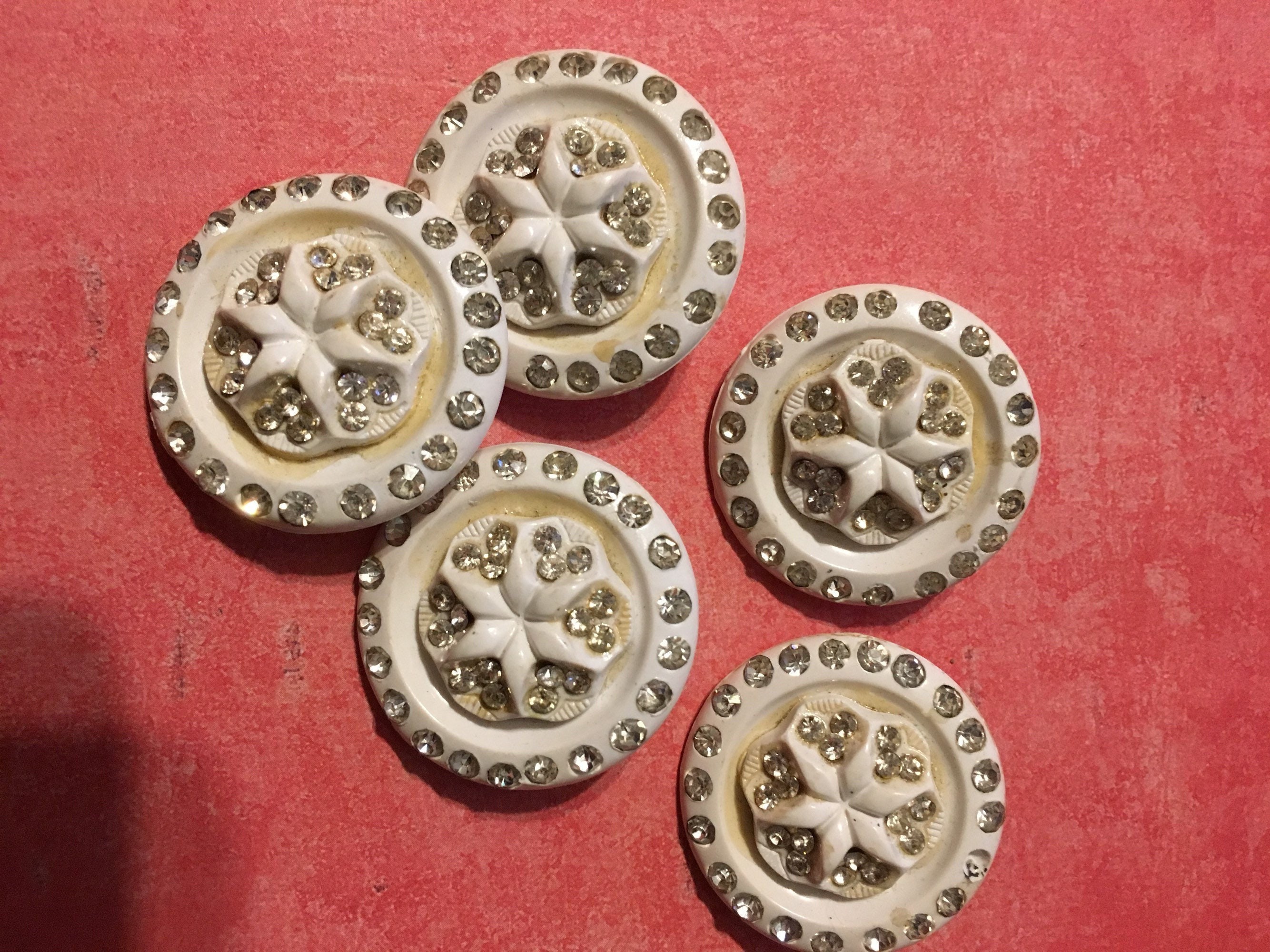 5 Vintage White Rhinestone Buttons, Large White Round Buttons, Shiny ...