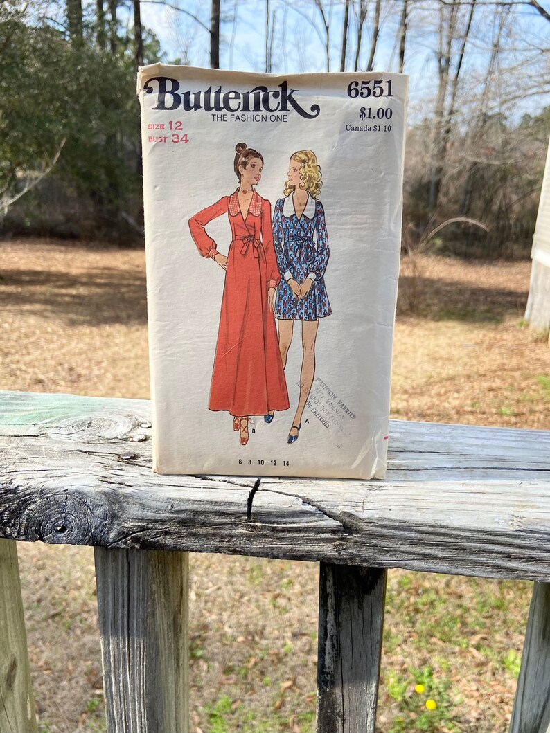 1970's Butterick Sewing Pattern 6551 Size 12 Misses' Bust 34 Side ...