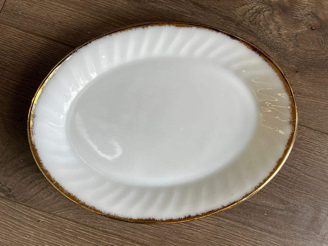 Vintage Fire King Milk Glass Swirl Pattern 12” Oval Serving Platter ...