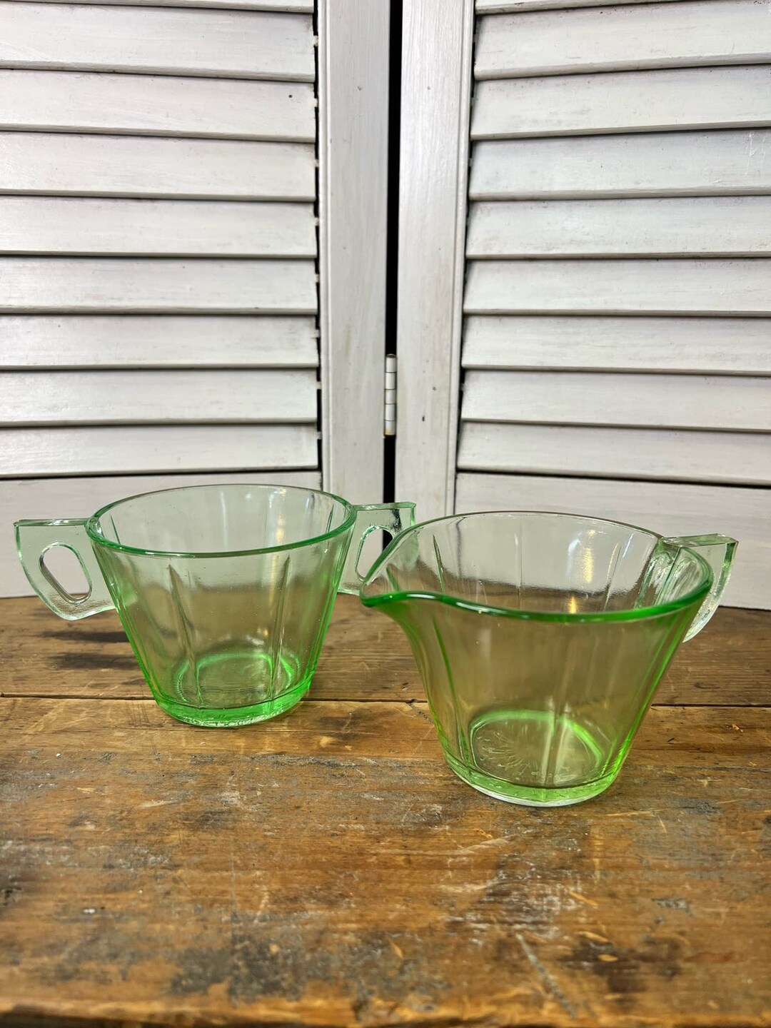 US Glass Co. Art Deco Green Depression Glass/ Uranium Glass Cream and ...