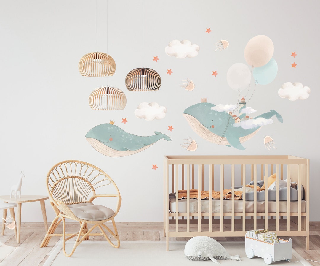 Watercolour Flying Whales Fabric Wall Decal Set, Nursery Decals in ...