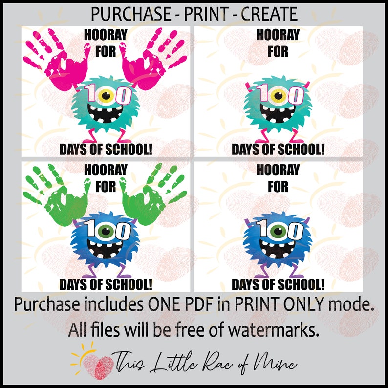 100th Day of School Cute Monster Handprint Art Printable - Etsy