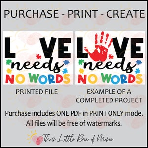 Love Needs No Words - Autism - Handprint Art - Keepsake - Printable ...