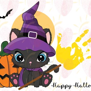 Happy Halloween - Witch - Cat - Broom - Handprint - October - Handprint ...