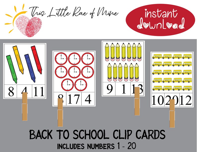 Back to School - Counting Clip Cards - Numbers 1-20 - Fall - Printable ...