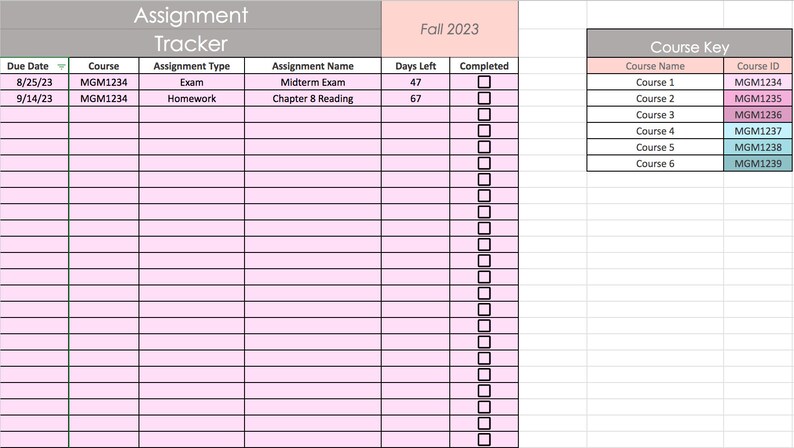 Class Assignment Tracker Google Sheets Spreadsheet Template | Digital ...