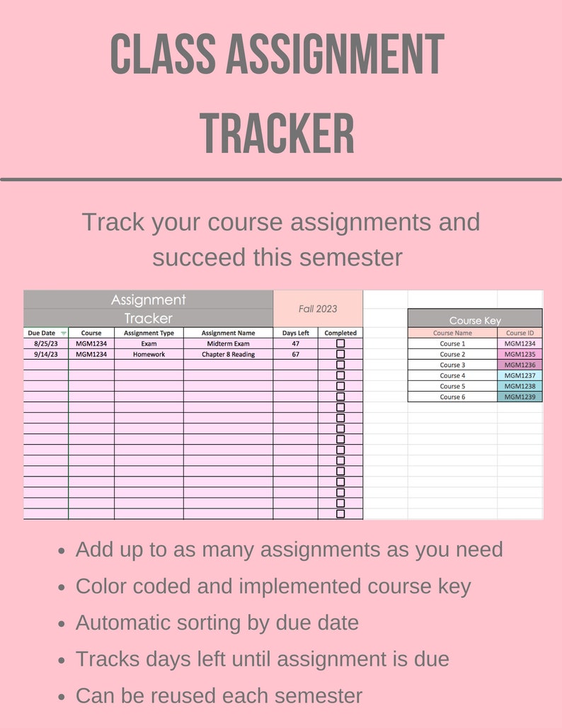 Class Assignment Tracker Google Sheets Spreadsheet Template | Digital ...