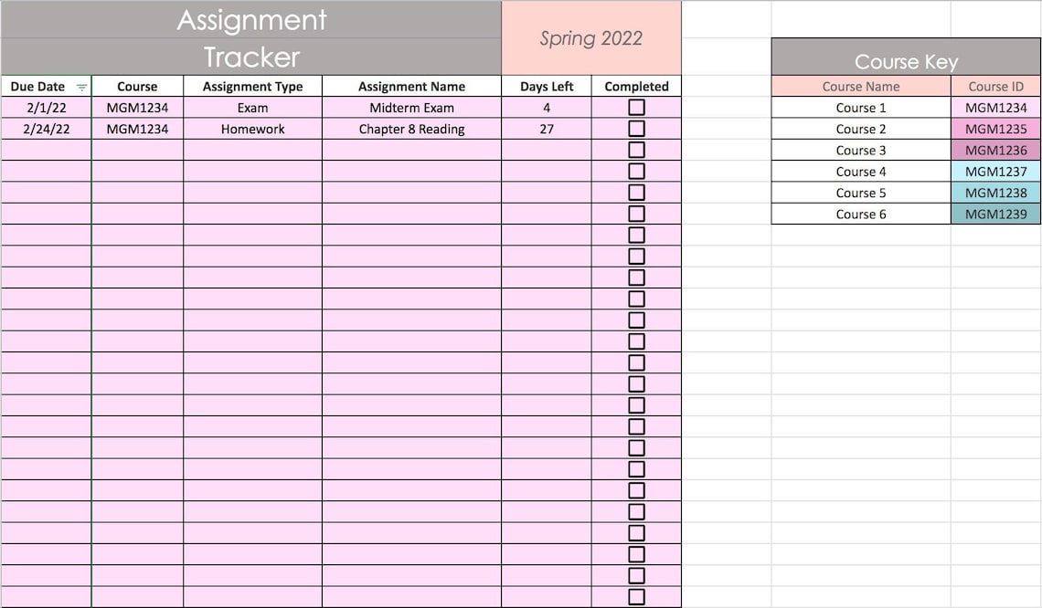 Class Assignment Tracker Google Sheets Spreadsheet Template - Etsy