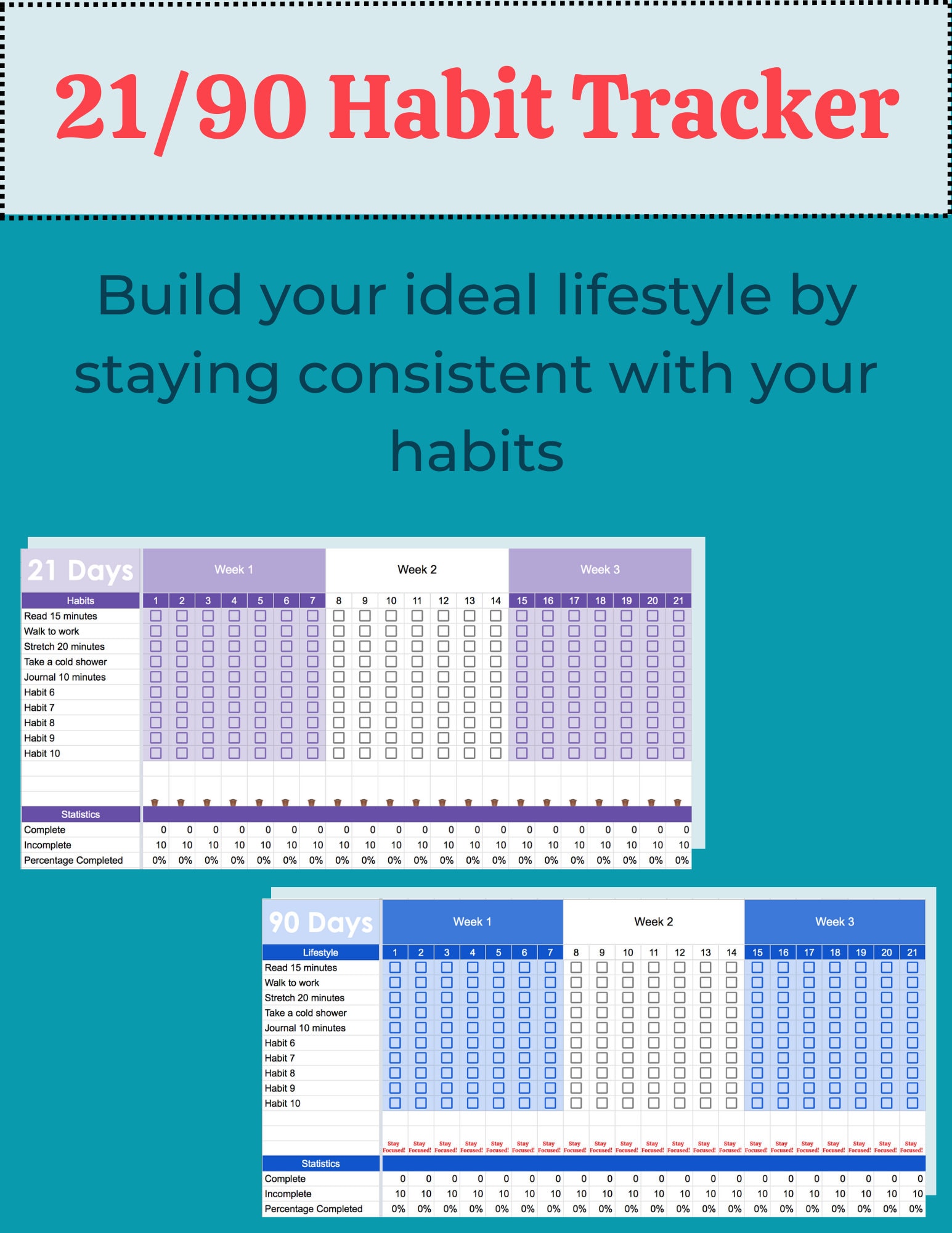 21/90 Day Habit Tracker Google Sheets Spreadsheet Template | Digital ...