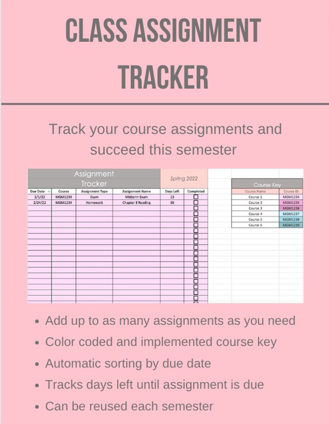 Class Assignment Tracker Google Sheets Spreadsheet Template - Etsy
