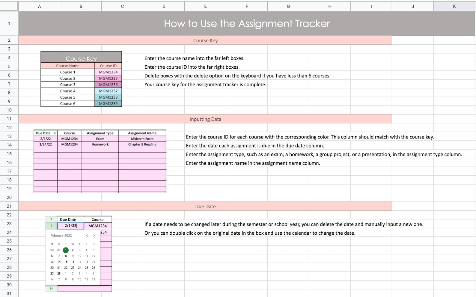 Class Assignment Tracker Google Sheets Spreadsheet Template | Digital ...