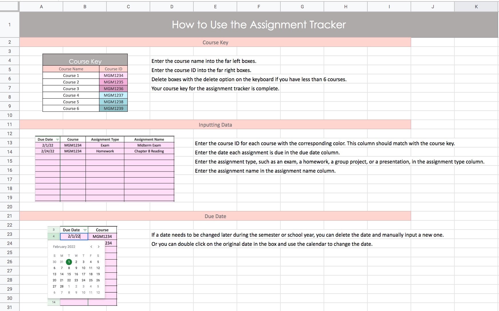 Class Assignment Tracker Google Sheets Spreadsheet Template | Digital ...