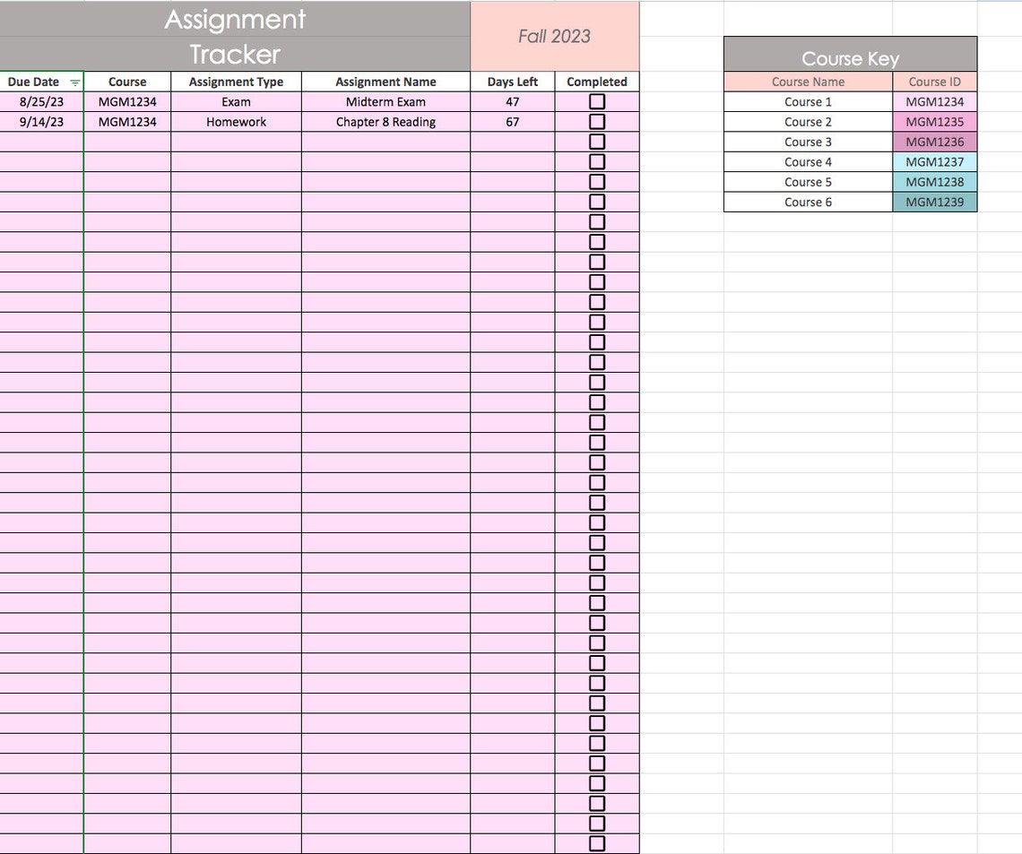 Class Assignment Tracker Google Sheets Spreadsheet Template | Digital ...