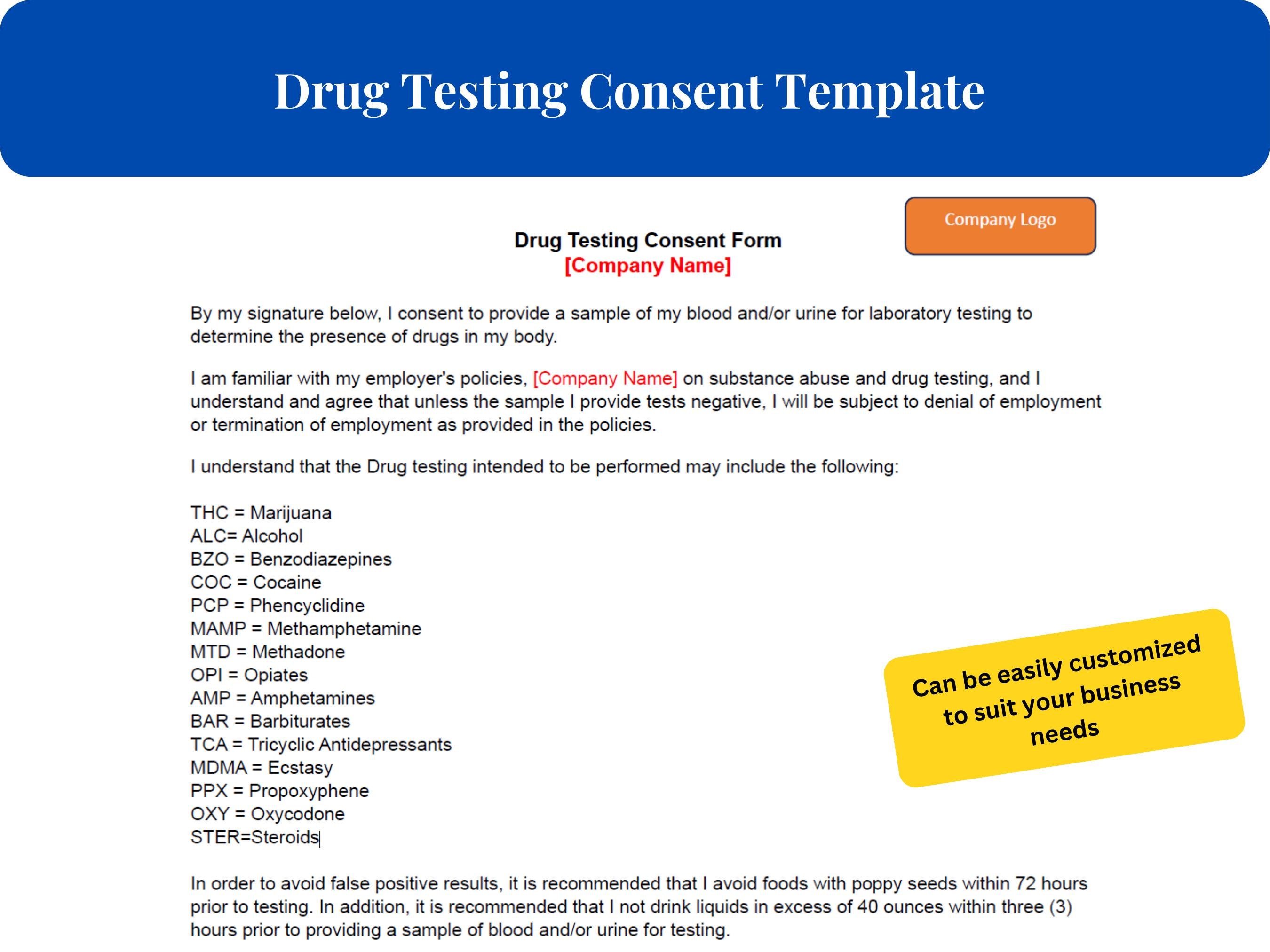 Drug Testing Consent Form Template Editable & Compliance-ready ...
