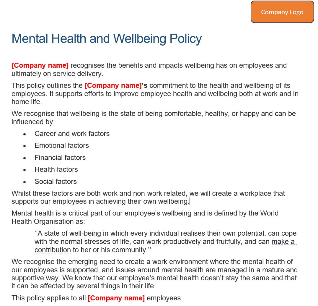 Mental Health Policy Template for Workplace Wellbeing - Editable Word ...
