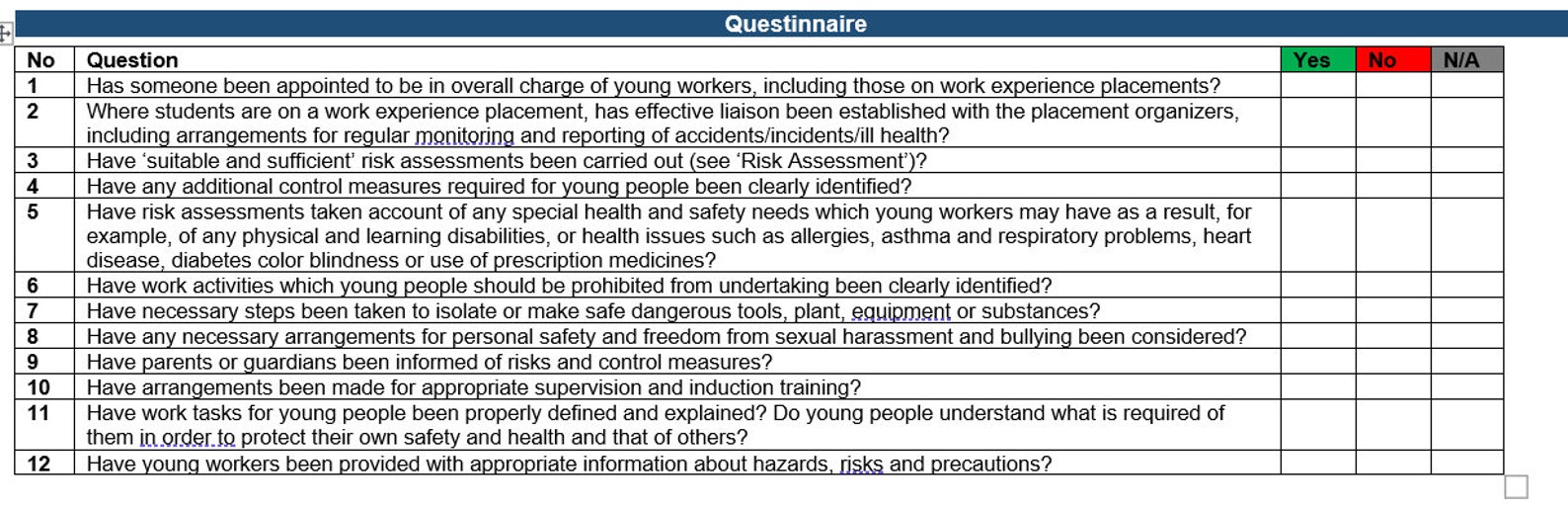 Comprehensive Young Workers Risk Assessment and Managers Checklist ...